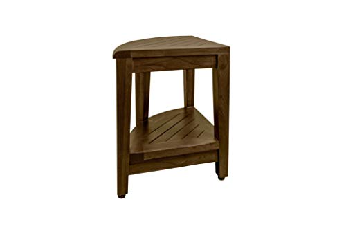 Decoteak Corner Shower Bench Teak Wood Corner Shower Stool with Shelf Extended Height SnazzyCorner Shower Foot Stool for Indoors and Outdoors - 23 inches Tall