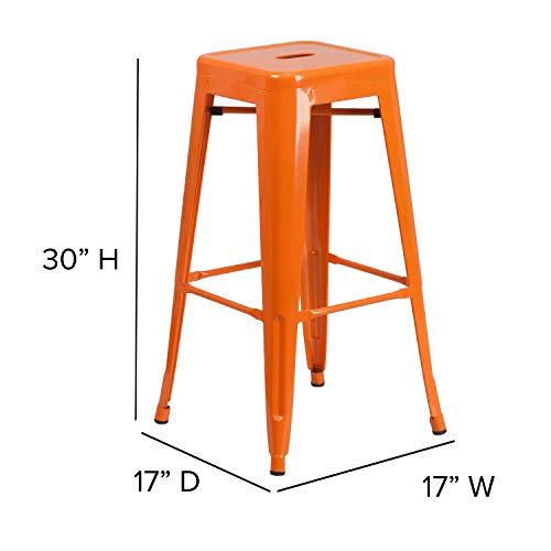 EMMA + OLIVER Commercial Grade 30" H Backless Orange Metal Indoor-Outdoor Barstool, Square