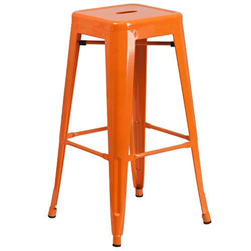 EMMA + OLIVER Commercial Grade 30" H Backless Orange Metal Indoor-Outdoor Barstool, Square