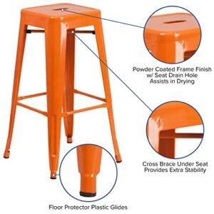 EMMA + OLIVER Commercial Grade 30" H Backless Orange Metal Indoor-Outdoor Barstool, Square