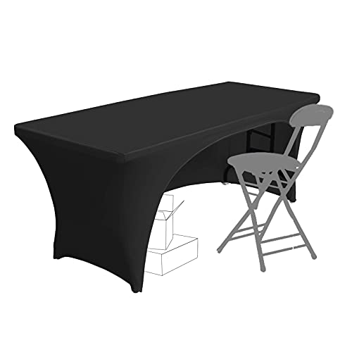 SUNTQ Stretchable Tablecloths 6 Ft for Rectangle Tables with Open Back, Fitted Spandex Rectangular Patio Table Covers, Wrinkle Resistant Table Toppers for Vendors, Party, Banquet, Trade Shows, Black