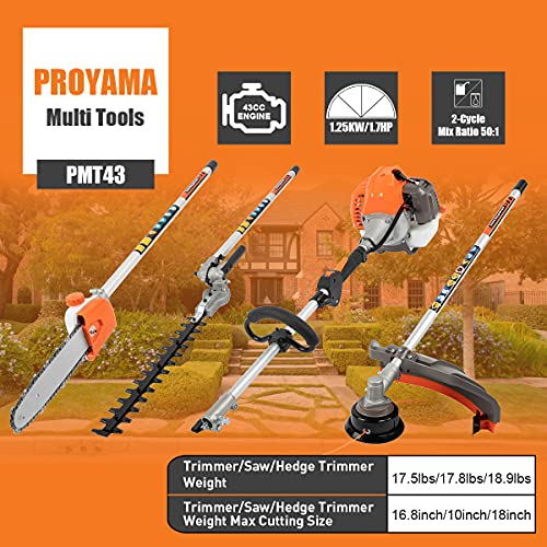 PROYAMA Powerful 42.7cc 5 in 1 Multi Functional Trimming Tools,Gas Hedge Trimmer,Weed Eater,String Trimmer, Brush Cutter,Pole Saw with Extension Pole