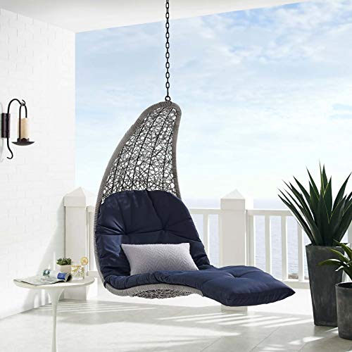 Modway EEI-4589-LGR-NAV Landscape Wicker Rattan Outdoor Patio Porch Chaise Lounge Hanging Swing Chair, Light Gray, Navy