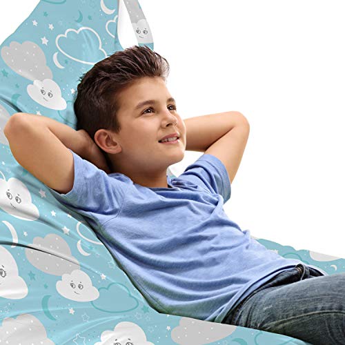 Lunarable Childish Lounger Chair Bag, Sky Theme Humanlike Clouds with Crescent and Stars Pattern, High Capacity Storage with Handle Container, Lounger Size, Sky Blue Pale Grey