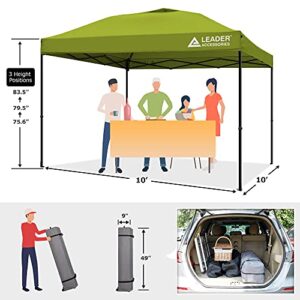 Leader Accessories Green Pop-Up Canopy Tent 10'x10' Canopy Instant Canopy Straight Leg Shelter with Wheeled Carry Bag, with 4pcs Sand Bags