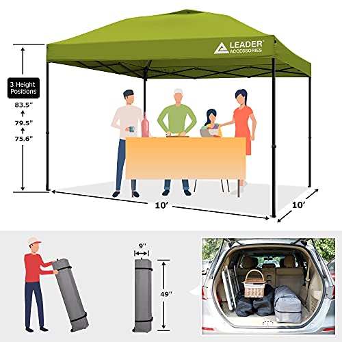 Leader Accessories Green Pop-Up Canopy Tent 10'x10' Canopy Instant Canopy Straight Leg Shelter with Wheeled Carry Bag, with 4pcs Sand Bags