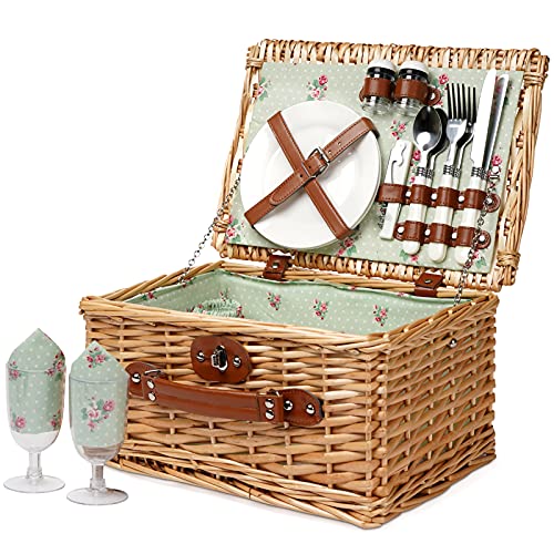 Wicker Picnic Basket for 2, Handmade Willow Hamper Basket Sets 2 Person Picnic Basket with Utensils Cutlery Perfect for Picnic, Camping