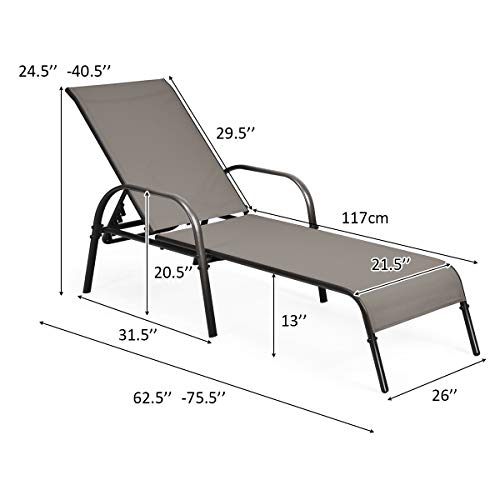 Tangkula Patio Chaise Lounge, Recliner Outdoor Lounger Chair w/Adjustable Backrest, Reclining Chair w/Heavy Duty Steel Frame, Suitable for Beach, Yard, Balcony, Poolside (1, Brown)