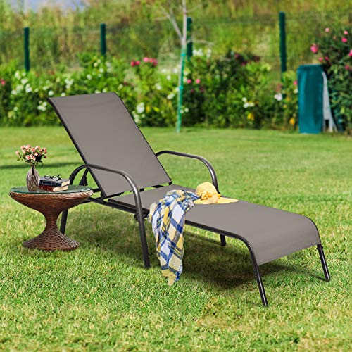 Tangkula Patio Chaise Lounge, Recliner Outdoor Lounger Chair w/Adjustable Backrest, Reclining Chair w/Heavy Duty Steel Frame, Suitable for Beach, Yard, Balcony, Poolside (1, Brown)