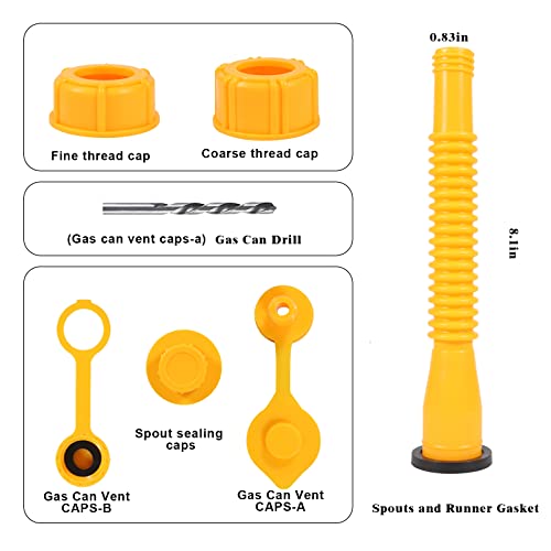 25 Pcs Gas Can Spout Kit QJIUBA 4 Sets for 1/2/5/10 Gal Replacement of Old Tanks Includes Nozzle, Vent caps, Rubber Gasket, Drill bits, Auxiliary Base Cap