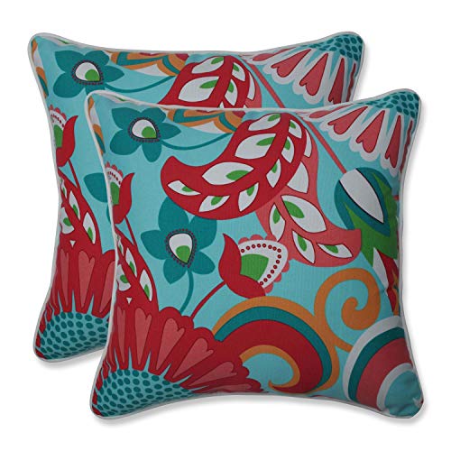 Pillow Perfect Outdoor/Indoor Sophia Turquoise/Coral Throw Pillows, 16.5" x 16.5", Green, 2 Count