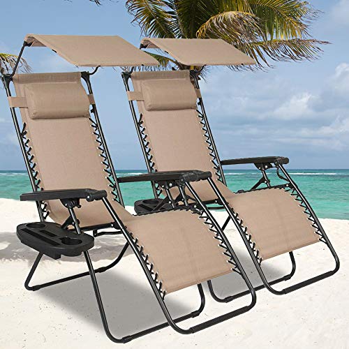 Zero Gravity Chair Patio Lounge Chair Chaise 2 Pack Outdoor Folding Adjustable Heavy Duty Recliner Chairs with Cup Holder and Pillows Hold Up to 250Lbs for Patio, Pool, Beach, Lawn, Yard - Tan