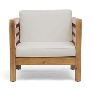 louise outdoor acacia wood club chair with cushion, teak finish and beige