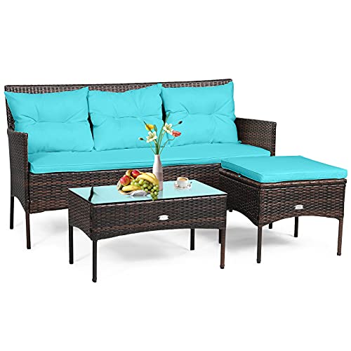 RELAX4LIFE 3 Pieces Patio Furniture Sectional Set, Rattan Wicker Conversation Set W/ 5 Cozy Seat & Back Cushions, Tempered Glass Coffee Table for Poolside, Backyard Outdoor Furniture (Turquoise)