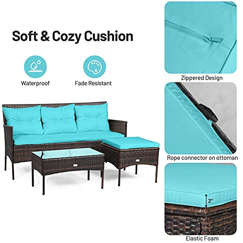 RELAX4LIFE 3 Pieces Patio Furniture Sectional Set, Rattan Wicker Conversation Set W/ 5 Cozy Seat & Back Cushions, Tempered Glass Coffee Table for Poolside, Backyard Outdoor Furniture (Turquoise)