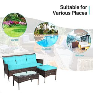 RELAX4LIFE 3 Pieces Patio Furniture Sectional Set, Rattan Wicker Conversation Set W/ 5 Cozy Seat & Back Cushions, Tempered Glass Coffee Table for Poolside, Backyard Outdoor Furniture (Turquoise)