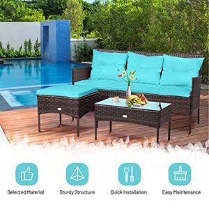 RELAX4LIFE 3 Pieces Patio Furniture Sectional Set, Rattan Wicker Conversation Set W/ 5 Cozy Seat & Back Cushions, Tempered Glass Coffee Table for Poolside, Backyard Outdoor Furniture (Turquoise)