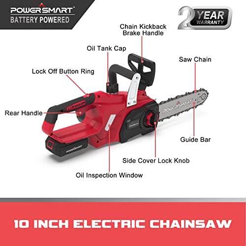 PowerSmart Electric Chainsaw 20V Battery Powered, Cordless Chain Saw With 10 Inch Chain and Bar, 2.0Ah Battery And Fast Charger Included, Power Chainsaw For Trees Wood Farm Garden Ranch Forest Cutting