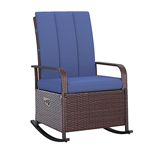 Outsunny Outdoor Rattan Wicker Rocking Chair Patio Recliner with Soft Cushion, Adjustable Footrest, Max. 135 Degree Backrest, Blue