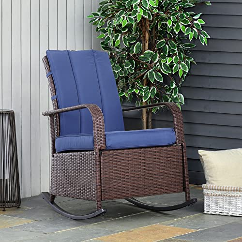 Outsunny Outdoor Rattan Wicker Rocking Chair Patio Recliner with Soft Cushion, Adjustable Footrest, Max. 135 Degree Backrest, Blue