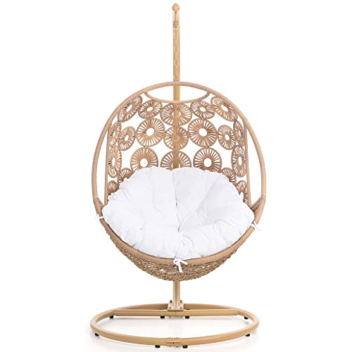 Zuri Furniture Modern Bay Tan Basket Swing Chair White Cushion with Stand