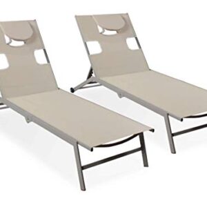 Ostrich Outdoor Chatham 2 Pieces Patio Chaise Lounges | Patio Lounge Chairs | Patio Chairs | 5- Position Recliner Adjustable Sunbathing Lounge Chair for Patio, Beach, Yard, Pool, Tan & White