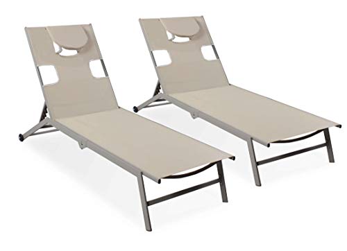 Ostrich Outdoor Chatham 2 Pieces Patio Chaise Lounges | Patio Lounge Chairs | Patio Chairs | 5- Position Recliner Adjustable Sunbathing Lounge Chair for Patio, Beach, Yard, Pool, Tan & White