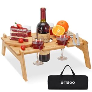 stboo outdoor portable wine table, outside lightweight picnic table with wine bottle and 4 glass holder, indoor snack wooden table, picnic tray table for concerts at park, beach, ideal wine lover gift