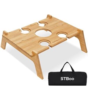 STBoo Outdoor Portable Wine Table, Outside Lightweight Picnic Table with Wine Bottle and 4 Glass Holder, Indoor Snack Wooden Table, Picnic Tray Table for Concerts at Park, Beach, Ideal Wine Lover Gift