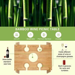 STBoo Outdoor Portable Wine Table, Outside Lightweight Picnic Table with Wine Bottle and 4 Glass Holder, Indoor Snack Wooden Table, Picnic Tray Table for Concerts at Park, Beach, Ideal Wine Lover Gift