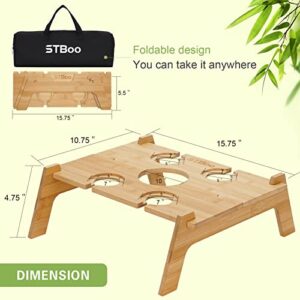 STBoo Outdoor Portable Wine Table, Outside Lightweight Picnic Table with Wine Bottle and 4 Glass Holder, Indoor Snack Wooden Table, Picnic Tray Table for Concerts at Park, Beach, Ideal Wine Lover Gift