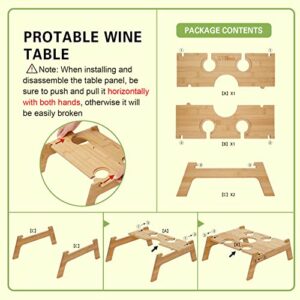 STBoo Outdoor Portable Wine Table, Outside Lightweight Picnic Table with Wine Bottle and 4 Glass Holder, Indoor Snack Wooden Table, Picnic Tray Table for Concerts at Park, Beach, Ideal Wine Lover Gift