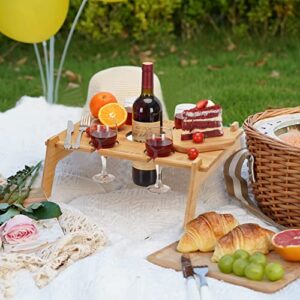 STBoo Outdoor Portable Wine Table, Outside Lightweight Picnic Table with Wine Bottle and 4 Glass Holder, Indoor Snack Wooden Table, Picnic Tray Table for Concerts at Park, Beach, Ideal Wine Lover Gift