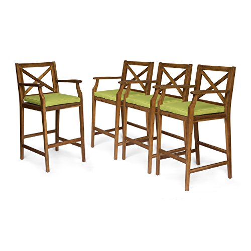 Christopher Knight Home Short Outdoor Acacia Wood Barstools, Teak Finish and Green (Set of 4)