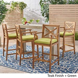 Christopher Knight Home Short Outdoor Acacia Wood Barstools, Teak Finish and Green (Set of 4)