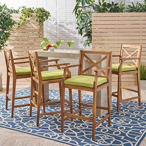 Christopher Knight Home Short Outdoor Acacia Wood Barstools, Teak Finish and Green (Set of 4)