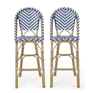 christopher knight home 314446 kinner outdoor barstool, navy blue + white + bamboo print finish