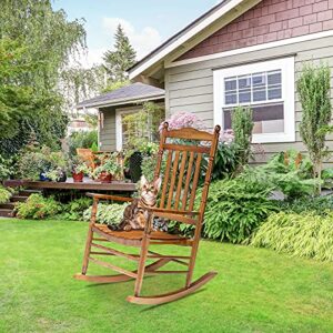 VINGLI Wood Rocking Chair Outdoor with 250 lbs Support Relaxing Rocker Solid Wood High Back Seat Reclining Seat for Deck, Garden, Backyard, Porch, Indoor or Outdoor Use, Oak