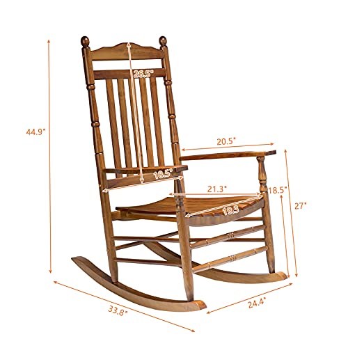 VINGLI Wood Rocking Chair Outdoor with 250 lbs Support Relaxing Rocker Solid Wood High Back Seat Reclining Seat for Deck, Garden, Backyard, Porch, Indoor or Outdoor Use, Oak