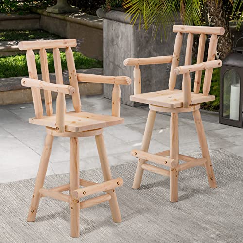 Mingyall Wooden Bar Stool Outdoor Set of 2, High Top Patio Wood Chair, Outsdie Swivel Bar Chair, Log Barstool for Bistro Lawn, Garden, Backyard, Natural Stained