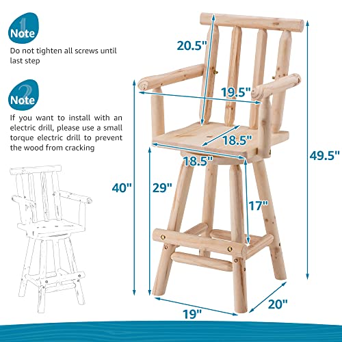 Mingyall Wooden Bar Stool Outdoor Set of 2, High Top Patio Wood Chair, Outsdie Swivel Bar Chair, Log Barstool for Bistro Lawn, Garden, Backyard, Natural Stained