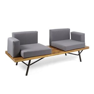 christopher knight home baish outdoor acacia wood 2 seater sofa, teak finish/dark gray