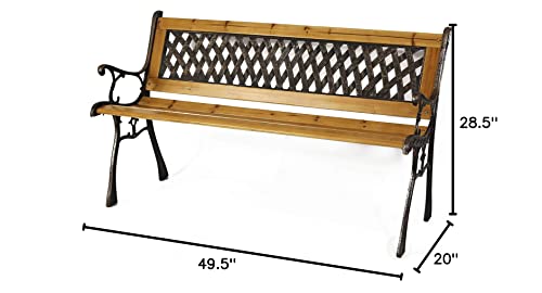 Gardenised QI003462L Outdoor Classical Wooden Slated Park, Steel Frame Seating Bench for Yard, Patio, Garden, Balcony, and Deck, Brown