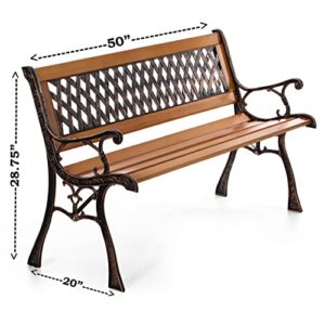 Gardenised QI003462L Outdoor Classical Wooden Slated Park, Steel Frame Seating Bench for Yard, Patio, Garden, Balcony, and Deck, Brown