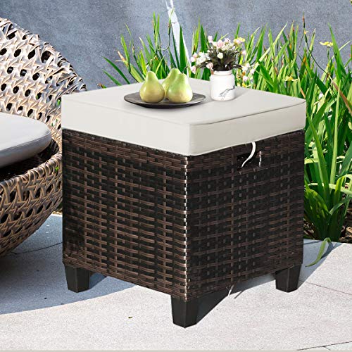 BETTARY 2PCS Patio Outdoor Ottomans, Rattan Wicker Ottoman Seat w/Removable Cushions, Rattan Footstool Footrest Seat Set, Patio Wicker Furniture Small Chair for Home,Patio, Garden, Backyard (Brown)