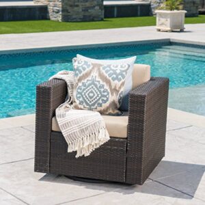 gdfstudio venice outdoor dark brown wicker swivel club chair with beige water resistant cushions (single, dark brown/beige)