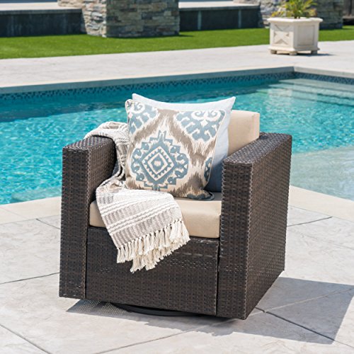 GDFStudio Venice Outdoor Dark Brown Wicker Swivel Club Chair with Beige Water Resistant Cushions (Single, Dark Brown/Beige)