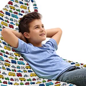 lunarable cartoon lounger chair bag, hand drawn doodled car pattern style police bus car print, high capacity storage with handle container, lounger size, multicolor