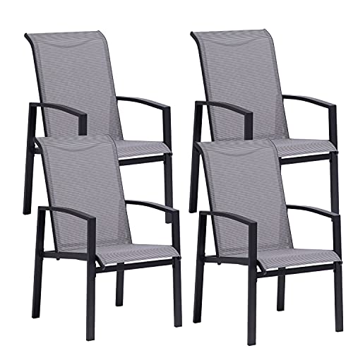 4 Pieces Outdoor Dining Chair Patio Furniture with Metal Slat Finish, 2x1 Textliene Patio Chairs, Easy Assemble Outdoor Chairs