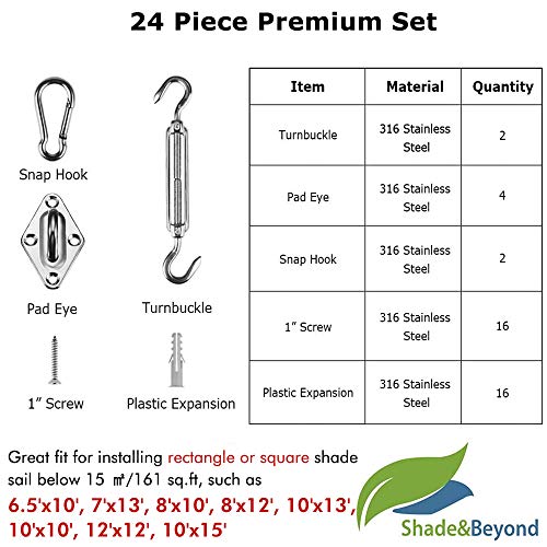 Shade&Beyond 316 Marine Grade Shade Sail Hardware Kit 5 inch for Rectangle and Square Sun Shade Sails Installation, 24 Pcs